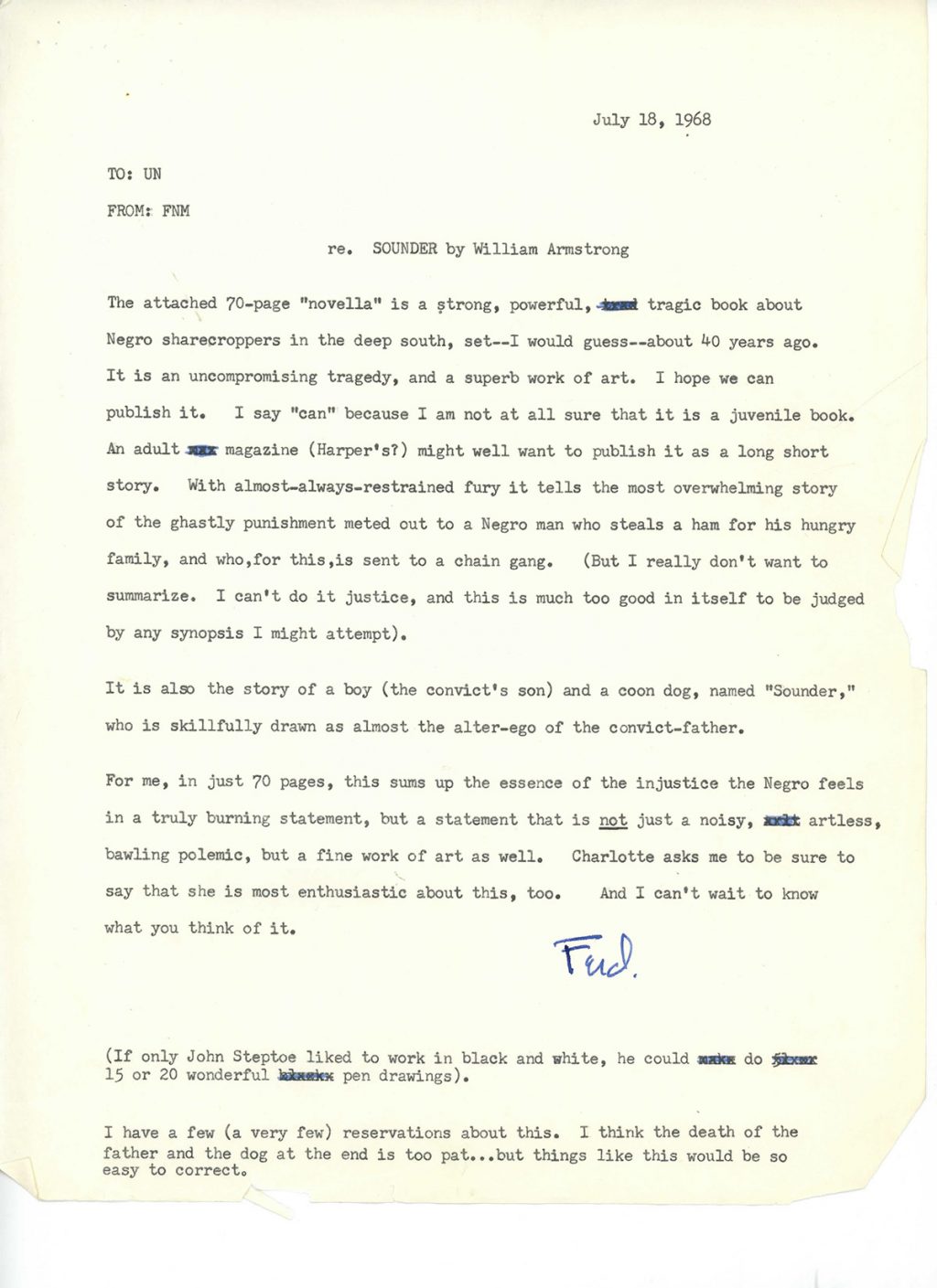 Letter from John Donovan submitting the manuscript for I’ll Get There ...